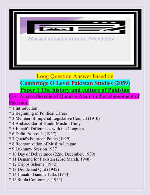 Pakistan studies for class 9th Notes | PDF