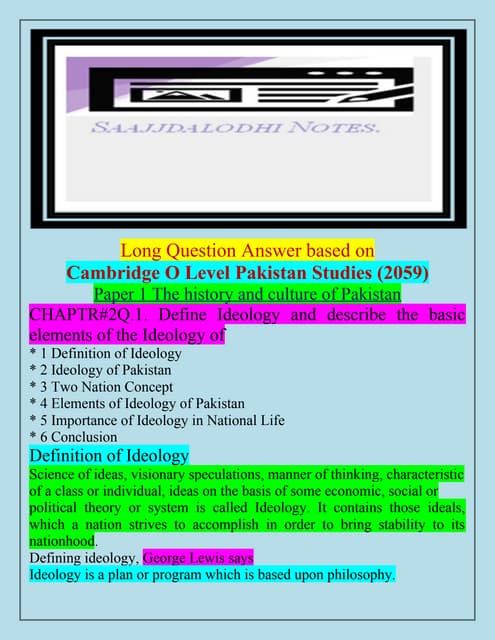 Pakistan studies for class 9th Notes | DOCX