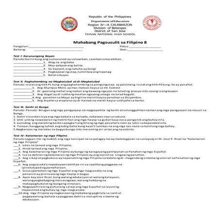 Unang markahang pagsusulit sa Filipino 8 w/ TOS | DOCX