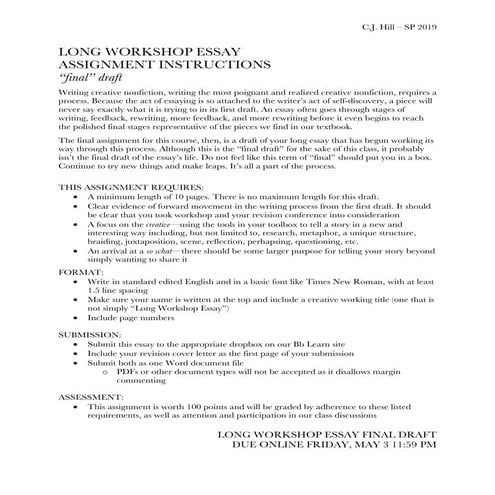Long workshop essay final assignment sheet | PDF