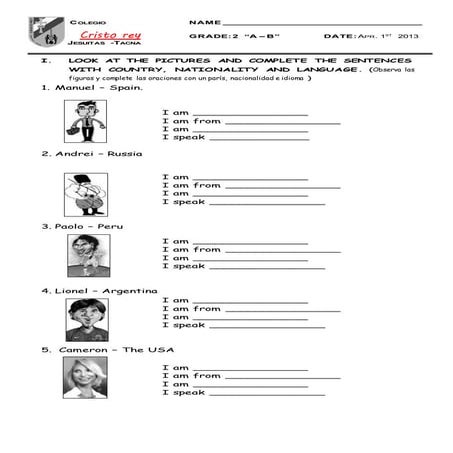 Look at the pictures and complete the sentences with country ...