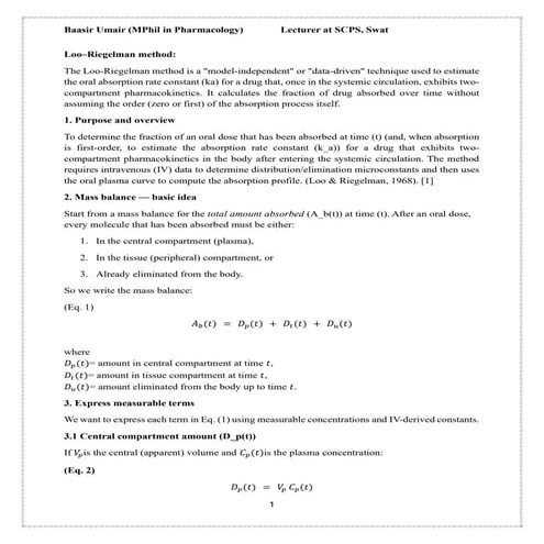 Loo–Riegelman Method: Estimating Oral Drug Absorption in Two-Compartment Pharmacokinetics | PDF