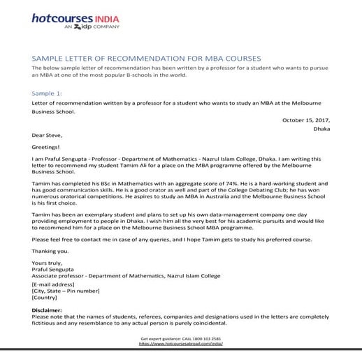 Sample Letter of Recommendation for MBA courses | PDF
