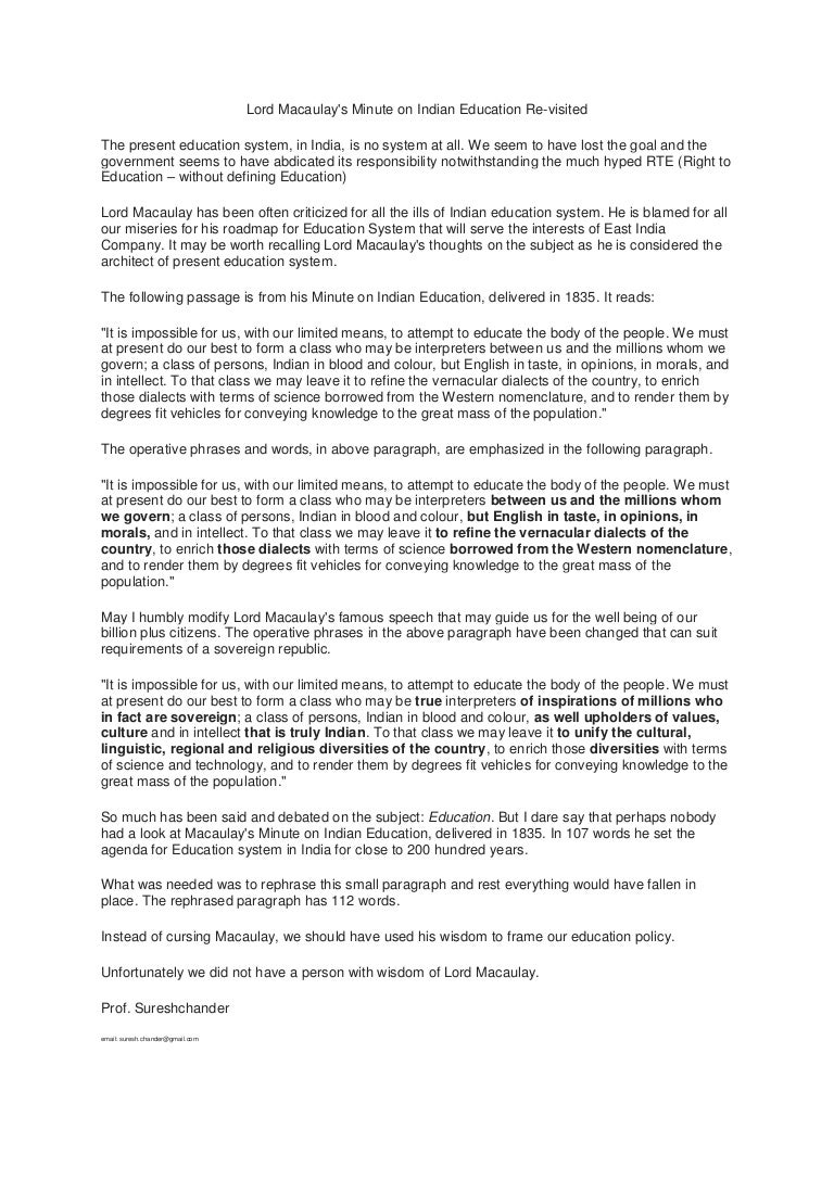 Lord Macaulay's Minute on Indian Education Re-visited