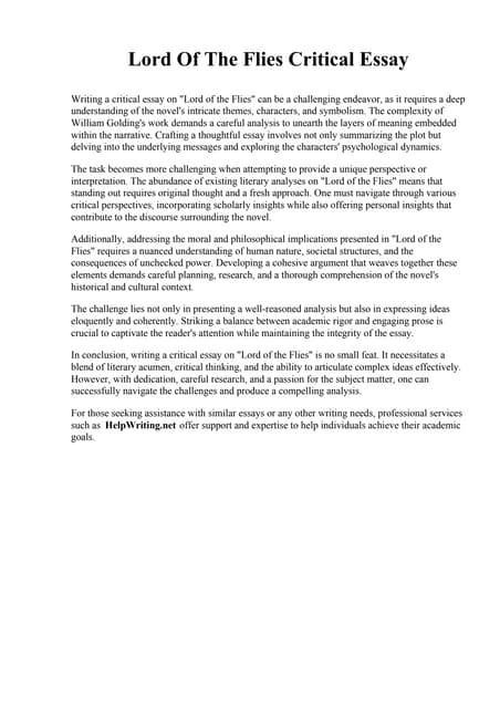 Lord Of The Flies Allegory Essay. Meredith College | PDF