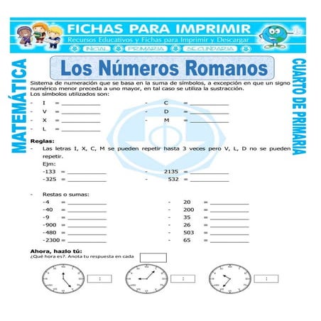 Hojas De Trabajo Sobre El Tiempo Con Números Romanos NUMEROS ROMANOS
