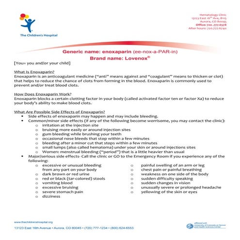 Enoxaparin/Lovenox Patient Education Handout | PDF
