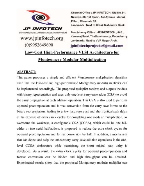 Low Cost High Performance Vlsi Architecture For Montgomery Modular Multiplication Pdf