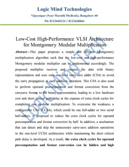 Low cost high-performance vlsi architecture for montgomery modular multiplication | PDF