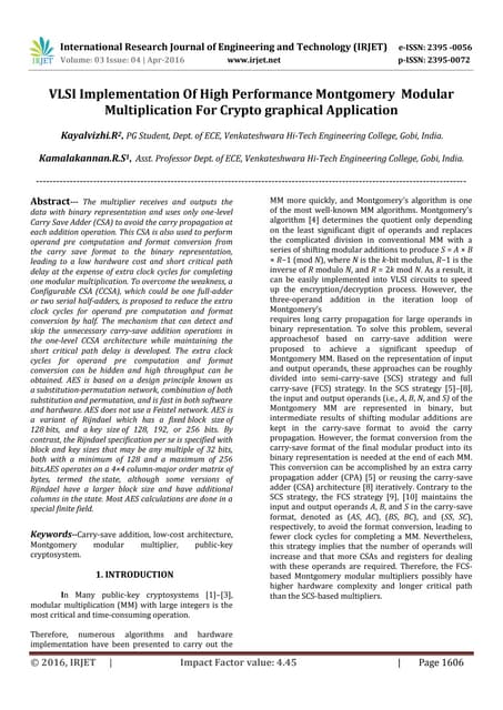 Low Cost High Performance Vlsi Architecture For Montgomery Modular Multiplication Pdf