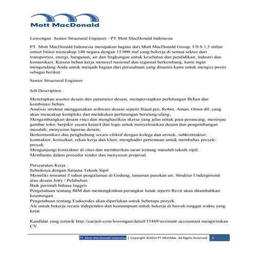 Lowongan senior structural engineer PT.Mott MacDonald indonesia. | PDF