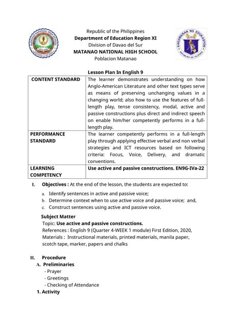 Semi-Detailed Lesson Plan - Active and Passive Voice (Junior High ...