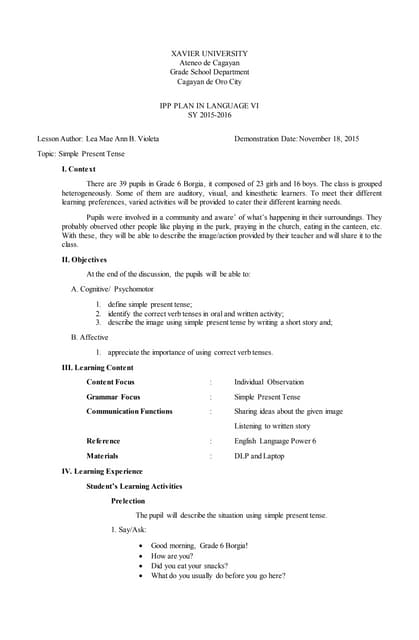 Detailed lesson plan for simple tense of verbs 5 | DOCX
