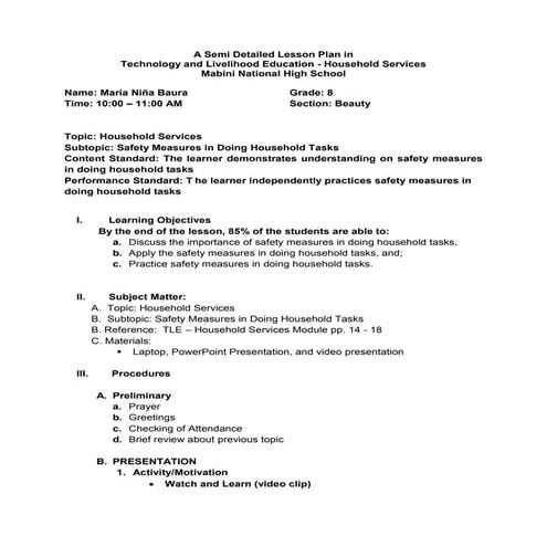 SEMI-DETAILED LESSON PLAN HOUSEHOLD SERVICES | PDF