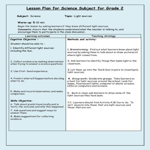 Science Learning Plan (Light sources) | DOCX