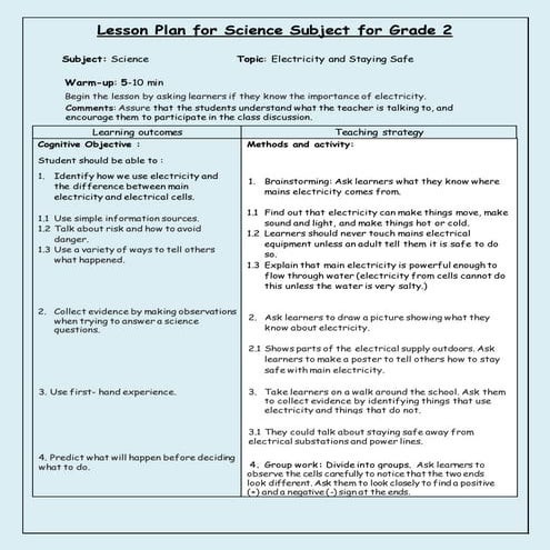 Science Learning Plan (Electricity and staying safe) | DOCX