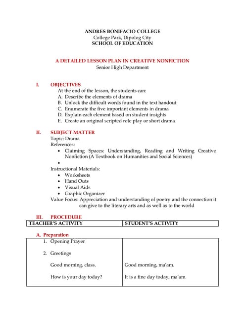 lesson plan grade 7 about literary appreciation skills | PDF