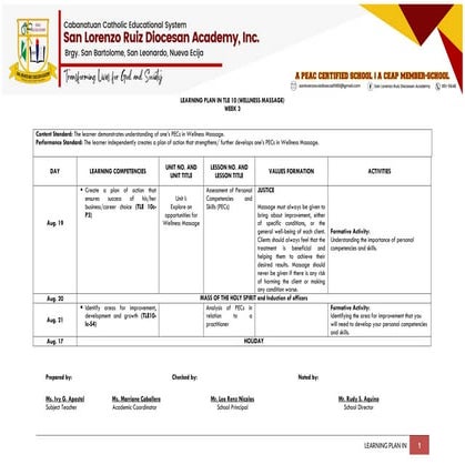 learning plan tle 10 wellness massage health | DOCX