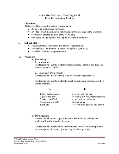 Sample of Semi Detailed Lesson Plan | DOCX