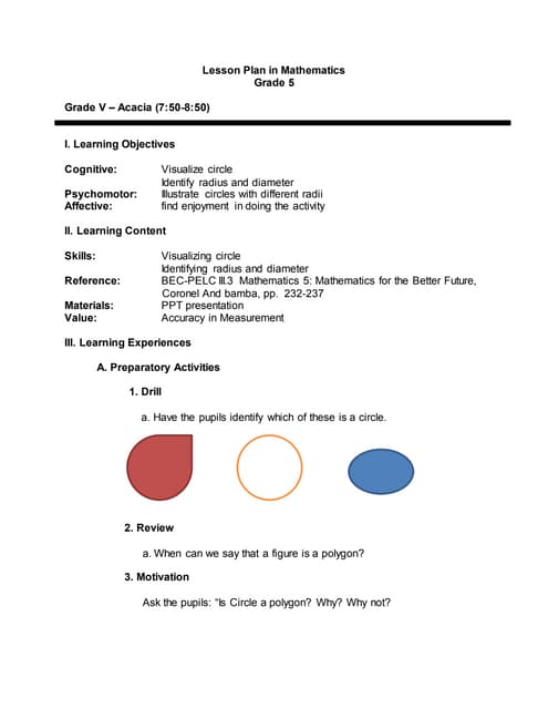 Detailed lesson plan in mathematics 7 (circles) | DOCX