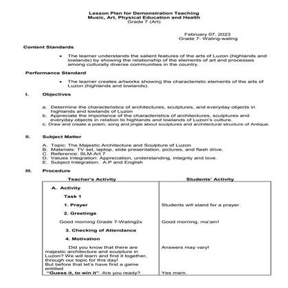 Lesson Plan for Demonstration Teaching Music, Art, Physical Education ...