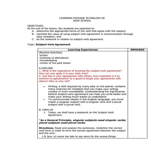 Detailed Lesson Plan: Subject-Verb Agreement | DOCX