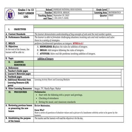 Integer Lesson Plan Docx