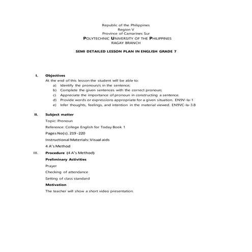 Semi detailed lesson plan in english(pronoun) | DOCX