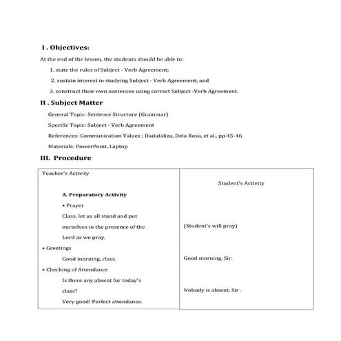Detailed Lesson Plan: Subject-Verb Agreement | DOCX
