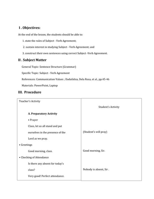 Detailed Lesson Plan: Subject-Verb Agreement | DOCX | Homework and ...