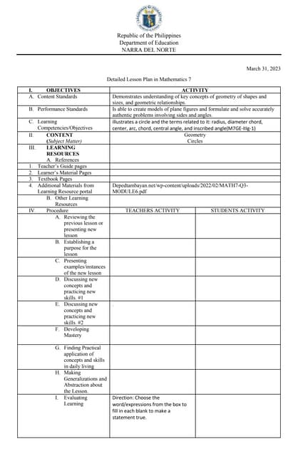 Detailed lesson plan in mathematics 7 (circles) | DOCX