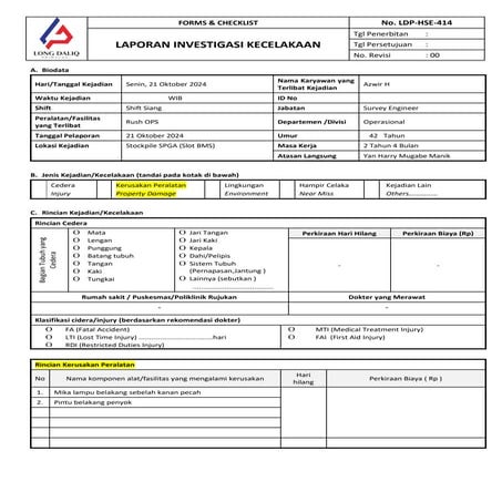Contoh Laporan surat insiden tambang rush | PDF