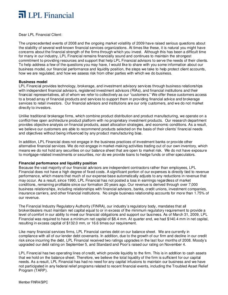 LPL Financial stability letter