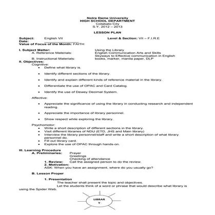 Lesson Plan on Using the Library | DOC | Educational Assessment | Education