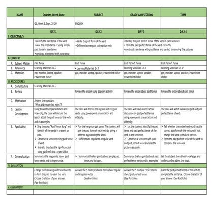 LESSON PLAN Q1 W5 the past tense of the verb | DOCX