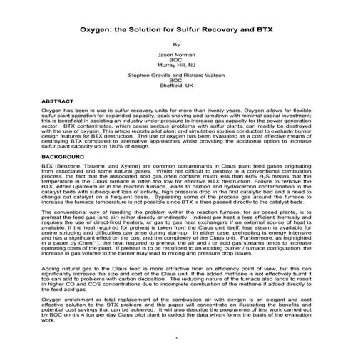 Sulfur Recovery BTX Destruction | PDF