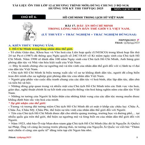 [LS12] - BÀI 17. DẤU ẤN HỒ CHÍ MINH TRONG LÒNG NHÂN DÂN THẾ GIỚI VÀ VIỆT NAM (Có đáp án chuẩn ...