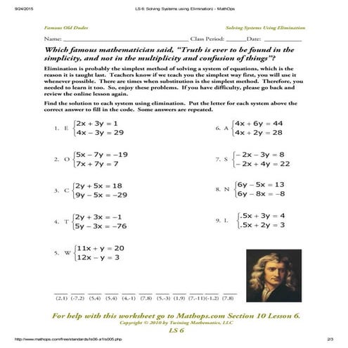 Ls 6 solving systems using elimination) math-ops | PDF