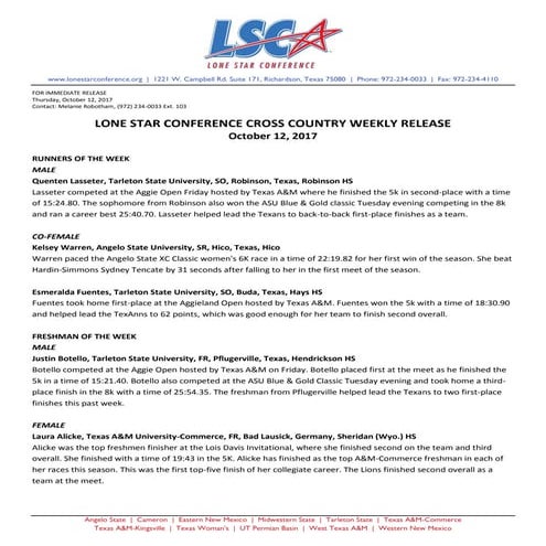 Lone Star Conference Cross Country Weekly Release (10/12/17) | PDF