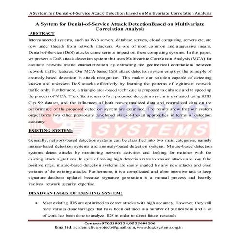 A System For Denial Of Service Attack Detection Based On Multivariate Correlation Analysis Pdf 
