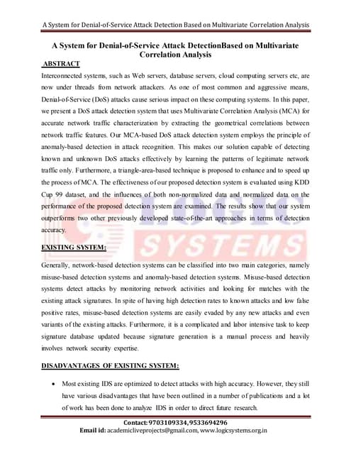 A System For Denial Of Service Attack Detection Based On Multivariate Correlation Analysis Pdf