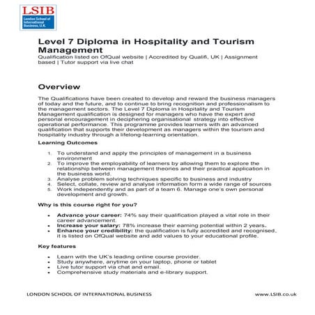 Level 7 Diploma in Hospitality and Tourism Management | PDF