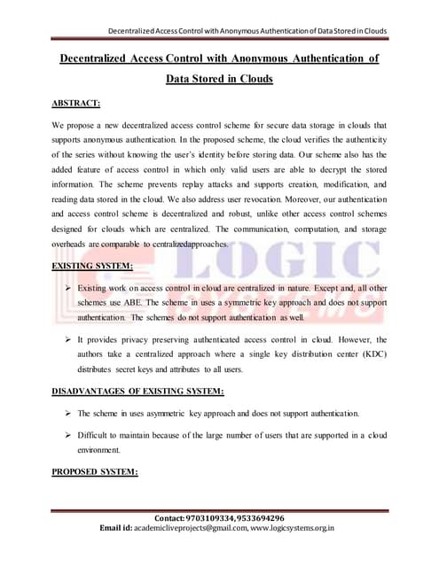 Decentralized access control with authentication anonymous of data stored in cloud | PPT