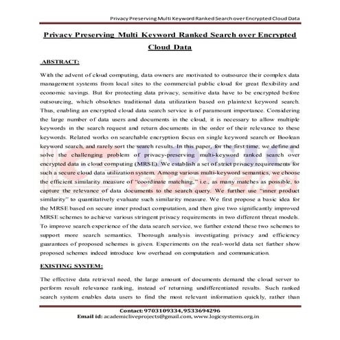 Privacy Preserving Multi Keyword Ranked Search Over Encrypted Cloud Data Pdf 
