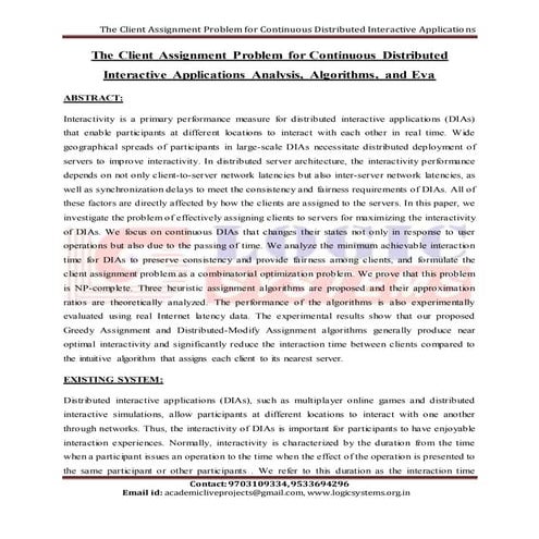 The Client Assignment Problem For Continuous Distributed Interactive Applications Analysis