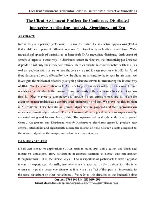 The Client Assignment Problem For Continuous Distributed Interactive Applications Analysis