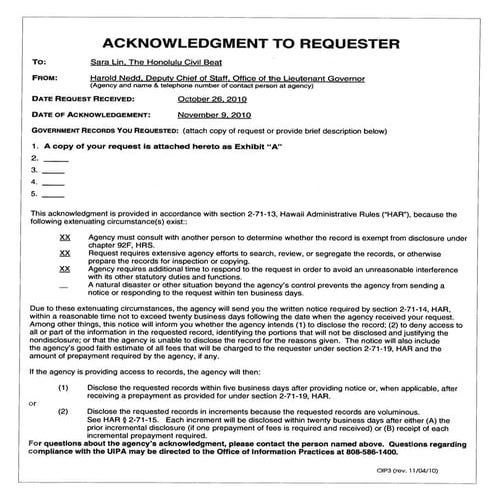 Lt. gov. duke aiona's response to open records request | PDF