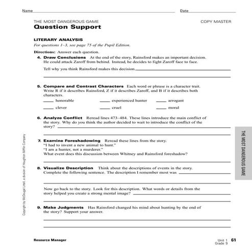 The Most Dangerous Game Literary Analysis | PDF