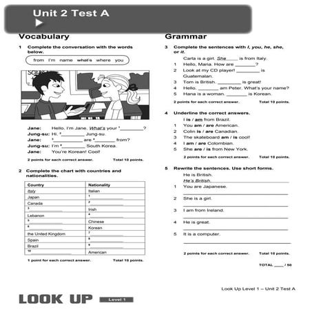 Look Up 1- Unit 2- Sample Test to assess | DOC