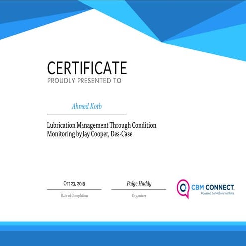 Certificate of Completion: "Lubrication management through condition ...